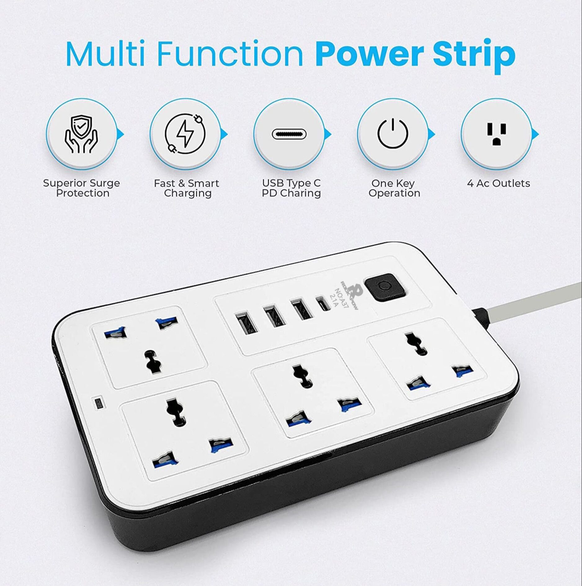 Universal Extension Cord with 4 Power Socket, 3 USB and 1 Type-C Port ...