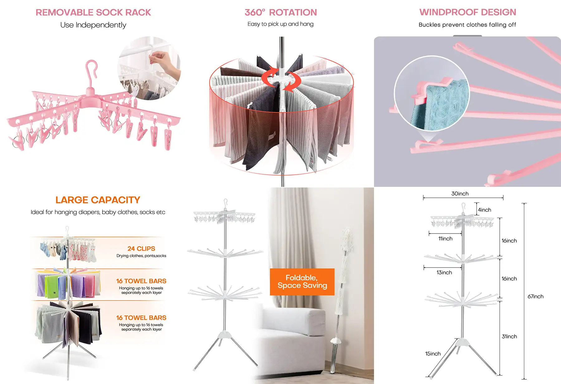 3 Tiers Foldable Laundry Rack with Clips – Dukaan.lk
